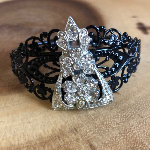 Jewelry | Art Deco Vintage Silver Pot Metal Glass Crystal Black ...